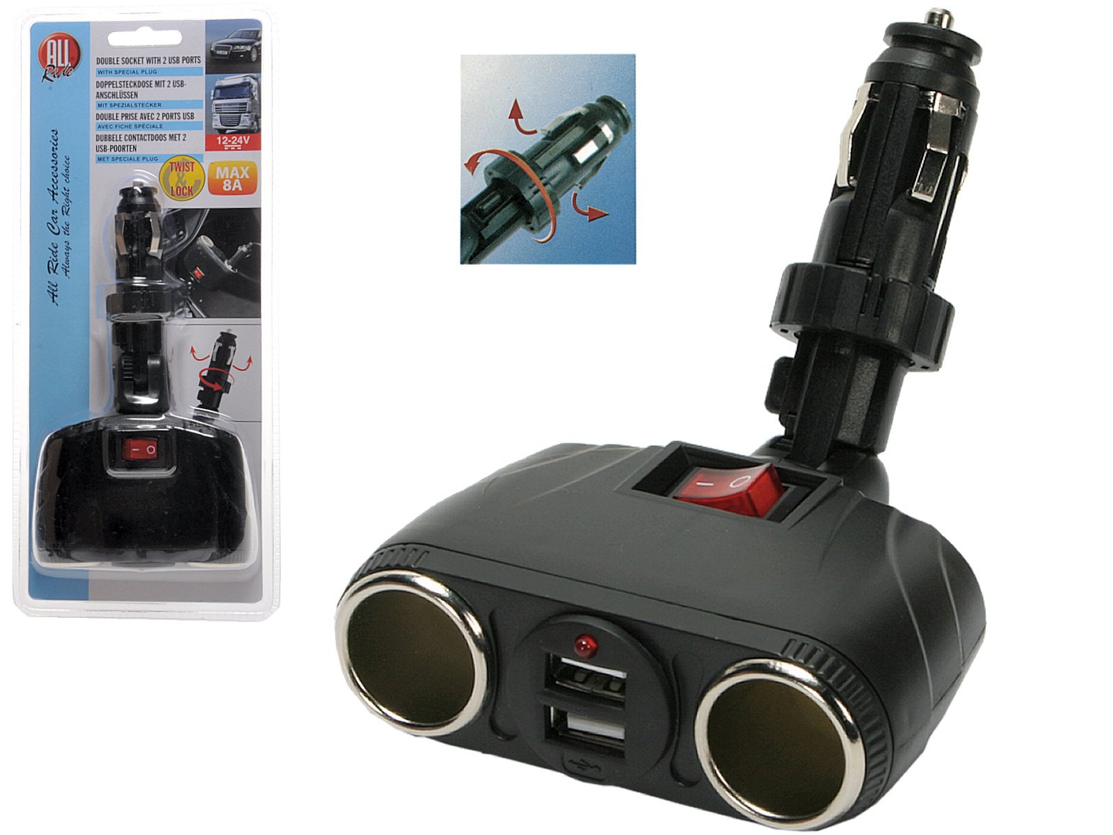 ALL Ride Steckdose 2er mit 2 USB schwenkbar, mit Drehverschluss- System ...